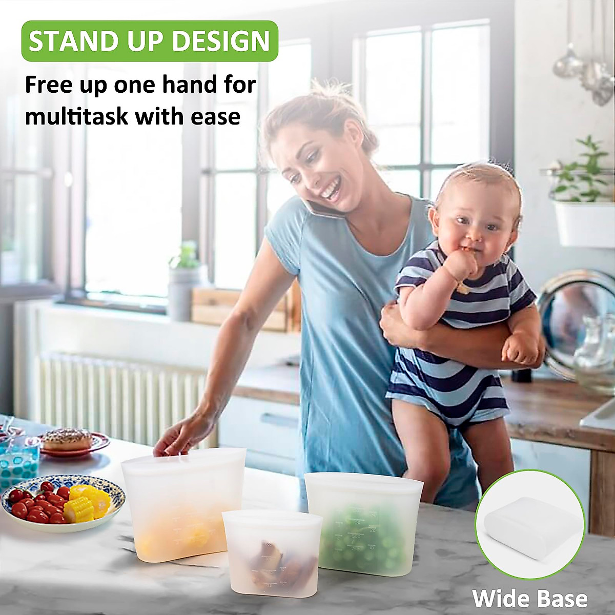 Annaklin Reusable Storage Bag, 8 Pack 100% Silicone Food Storage Bags Stand Up Silicone Zip Lock Bags for Food Container, Freezer Microwave Oven Dishwasher Safe, 4 Large 2 Medium 2 Small, Translucent