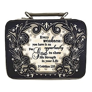 Embroidered Verse Scripture Western Bible Cover Book Carrying Case for Women Extra Strap Crossbody Purse… (Black/Grey)