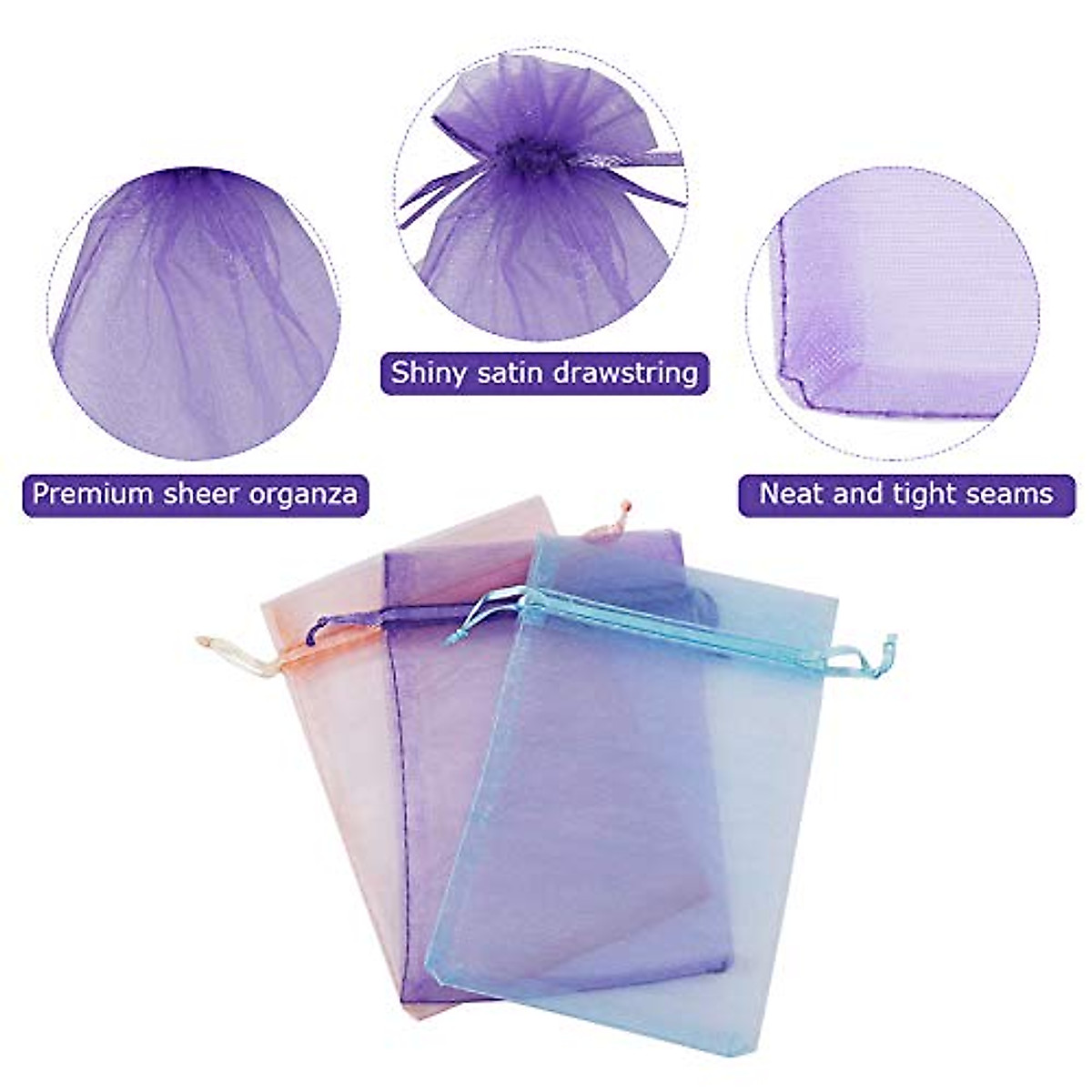 HRX Package 150pcs Organza Gift Bags, 4 x 6 inch Mesh Drawstring Bags Jewelry Pouches for Wedding Birthday Baby Shower Party Favor (Peach Baby Blue Purple)