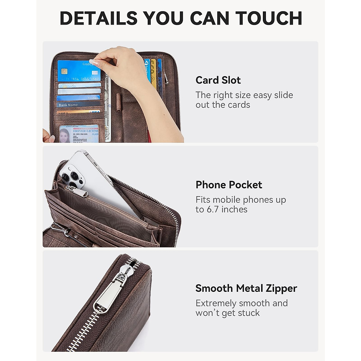 BOSTANTEN Leather Wallets for Women RFID Blocking Zip Around Credit Card Holder Phone Clutch, Deep Coffee