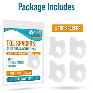 5 STARS UNITED Toe Spacers for Men and Women – 4 Gel Pinky Toe Separators for Curled and Overlapping Toes, Bunions, Hammer Toe Straightener, Little Toe Spreader