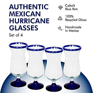 Amici Home Blue Rim Hurricane Glass | Set of 4 | Authentic Mexican Handmade Glassware | Bar Glasses for Pina Coladas, Cocktails, and Other Beverages | 16 Oz