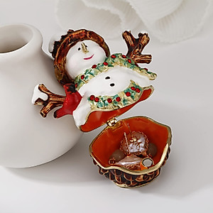Hand Painted Enamel Trinket Box, Hinged Jewelry Organizer Mini Ring Earrings Storage, Unique Home Decor Figurine Keepsake Collectible, Personalized Elegant Handmade Ornament (White Snowman)