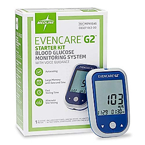 Medline EvenCare G2 Blood Glucose Monitor Starter Kit, Diabetic Care, 6 Sec Results, Meter, Lancing Device & Lancets, Test Strips, Batteries, Guide, Carrying Case, Logbook, Voice Guidance