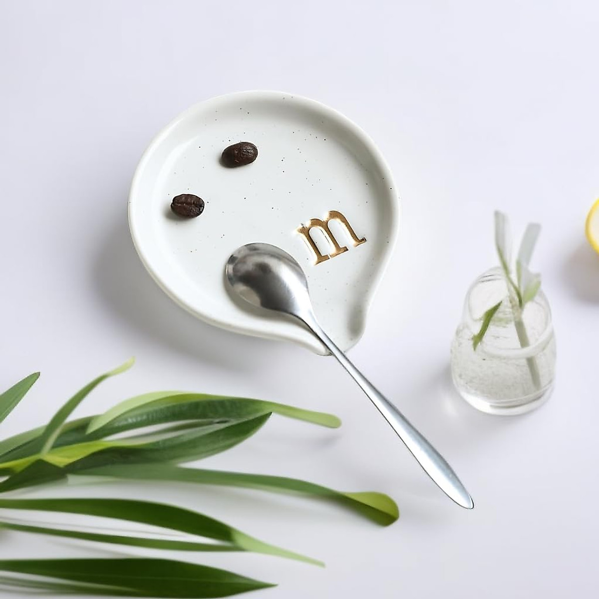 COLLECTIVE HOME - Ceramic Coffee Spoon Rest, Monogram Ceramic Spoon Holder, 3.8 Inches Coffee Spoon Holder, Mini Teaspoon Rest, Small Spoon Holder for Stove Coffee Bar (m)