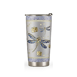 64HYDRO 20oz Dragonfly Gifts for Dragonfly Lovers, Valentines Day Gifts for Her, Birthday Gifts for Women, Mom, Daughter, Printed Jewelry Photographer Dragonfly Tumbler Cup, Travel Coffee Mug with Lid