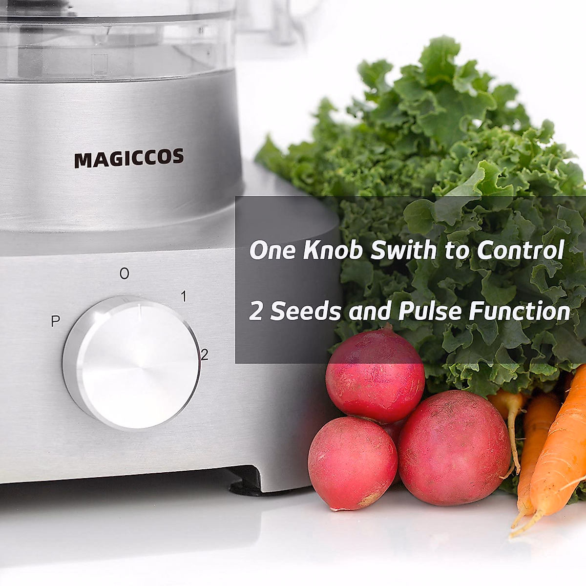 Magiccos 14-Cup Aluminum-Diecast French-Fry-Cutter Food-Processor - Large Feed Chute, XL Size Bowl, Cheese Shredding, Vegetable Meat Chopping, Shredding and Slicing, Mixing and Doughing, for Home Use