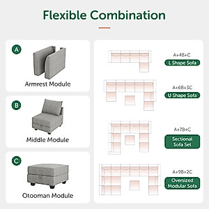 HONBAY Modular Sectional Sofa U-Shaped Sectional Couch with Storage Seats, Convertible Sectional Couch Modular Sofa, Grey