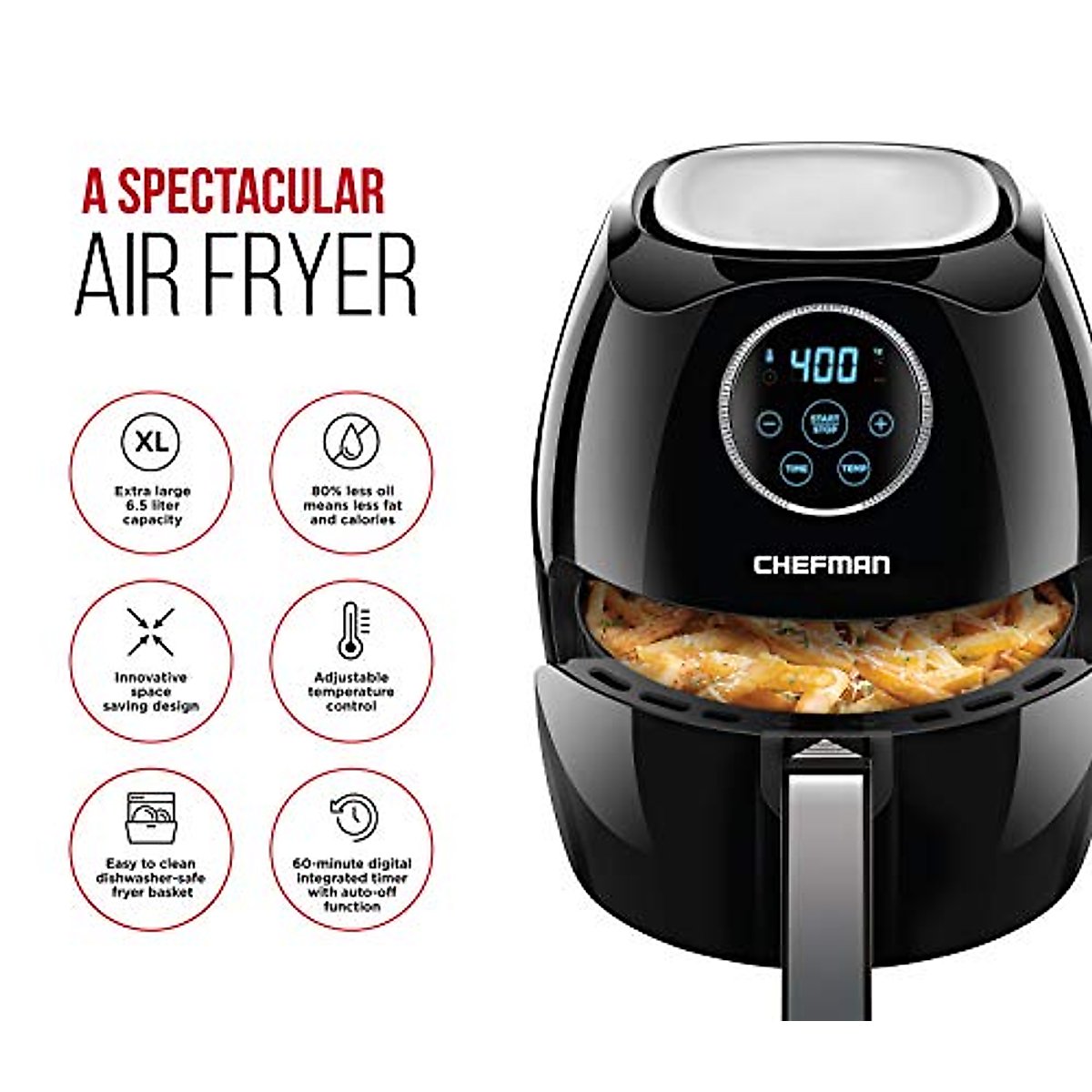 CHEFMAN Large Air Fryer 6.5 Qt XL, Healthy Cooking, User Friendly, Nonstick, Digital Touch Screen with 4 Cooking Functions w/ 60 Minute Timer & Auto Shut Off, BPA-Free, Dishwasher Safe Basket, Black