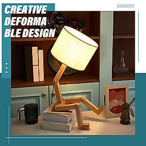 Kittmip Robot Cute Desk Lamp Novelty Wooden Creative Table Lamp with Wood Base Adjustable Shape Bedside Fun Funky Lamp Reading Wood Lamp DIY Fun Robot Lamp for Bedroom, Office, Study Desk, Kids Room