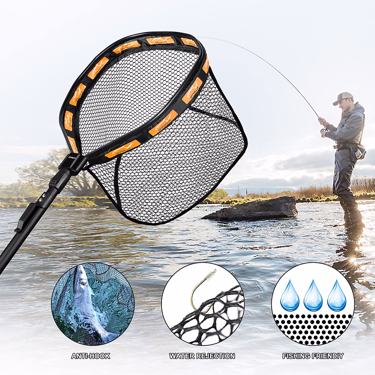 PLUSINNO Floating Fishing Net, Rubber Coated Fish net for Easy Catch and Release, Fishing Nets Freshwater for Bass, Trout, Walleye, Kayak, Folding Landing Net for Easy to Carry and Storage