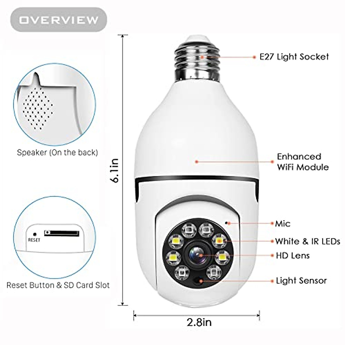 5G Light Bulb Home Security Camera, Wireless Video Surveillance Lightbulb Cameras, PTZ WiFi Panorama Camera with E27 Lamp Base, Full Color Night Vision & Two Way Audio