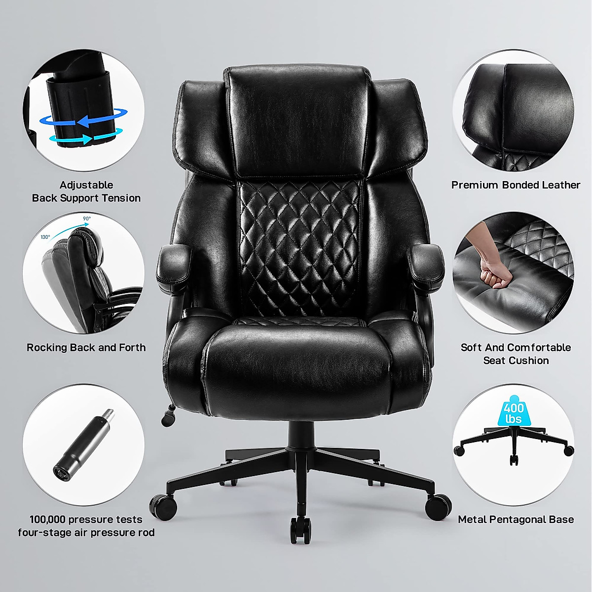 YI DANICA High Back Big & Tall 400lb Office Chair - Heavy Duty Metal Base, Adjustable Tilt Angle Large Bonded Leather Ergonomic Executive Desk Computer Swivel Chairs