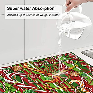 Merry Christmas Printed Drying Mat For Kitchen Ultra Absorbent Microfiber Dishes Drainer Mats Non-Slip Silicone Quick Dry Pad - 18 X 16inch