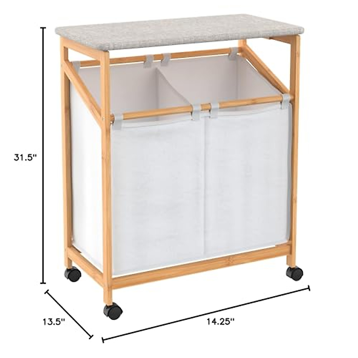 ClosetMaid Bamboo Laundry Hamper Cart with Ironing Board Folding Station, Dual Compartments with Divider, Portable Laundry Sorter, Natural Finish