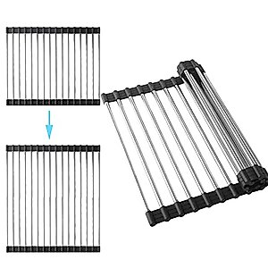 OHOH Expandable Roll Up Dish Drying Rack Fit Most Sink, Adjustable 10.8" -19.7", Sink Topper Foldable Multipurpose Heat Resistant Over The Sink Kitchen Draining Rack for Cups Bottle Fruits Vegetables