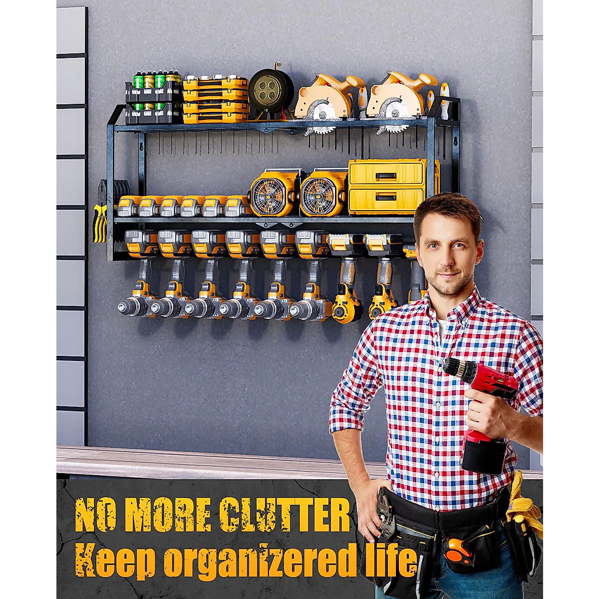 JOIRACK Power Tool Organizer Wall Mount,Drill Holders Wall Mount,Garage Tool Organizers,Power Tool Storage Rack,Powertool Organizer (3 Tiers 9 Drill Holder, 32 IN)