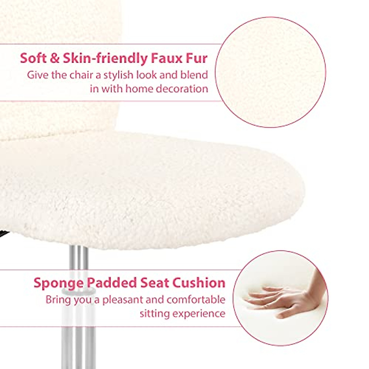 Giantex Faux Fur Office Chair, Armless Home Desk Chair, Height Adjustable Swivel Cute Chair, Middle Back Chair w/Chrome Base, Modern Fuzzy Vanity Chair, Rolling Task Chair for Study Bedroom (Ivory)
