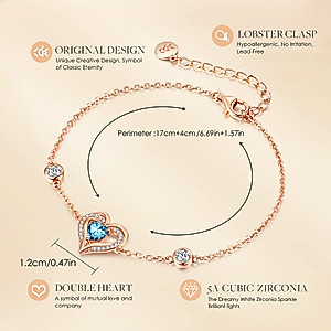 CDE Love Heart Bracelets for Women, 925 Sterling Silver with Birthstone Zirconia, Valentine's Mother's Day Christmas Birthday Anniversary Charm Link Chain Bracelet Jewelry Gifts for Mom Wife Girlfriend Her