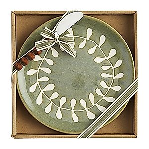 Mud Pie Painted Leaf Cheese Set, Green, plate 8 1/2" dia | spreader 6"