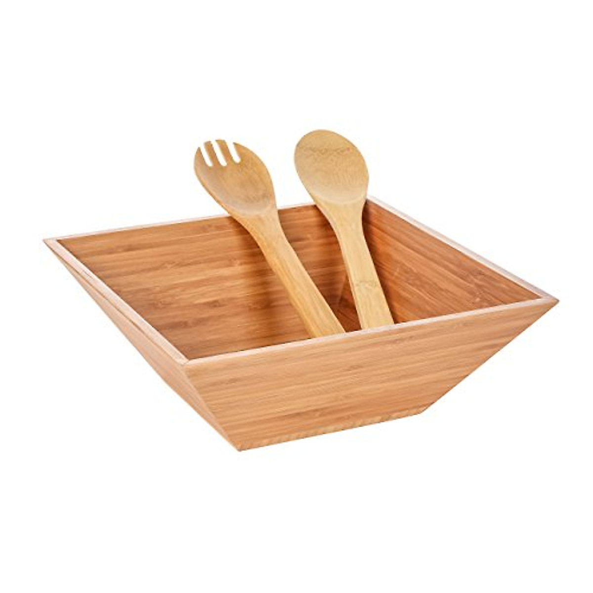 Heim Concept Bamboo Salad Bowl 4 PC Set w/Serving Hands, 2 square bowls & pair salad servers Eco-Friendly BPA Free