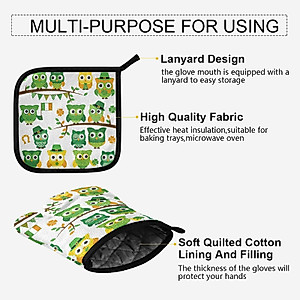 St Patrick Owls Oven Mitt and Hot Pads Set,Good Luck Cooking Heat Resistant Potholder Glove 2pcs for Kitchen Cooking BBQ Bakeware