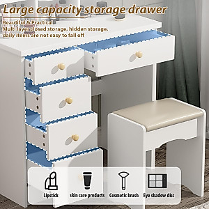 FUFU&GAGA Vanity Set with Mirror, Makeup Vanity Dressing Table with 5 Drawers, Shelves, Dresser Desk & Cushioned Stool Set (White, No Light)