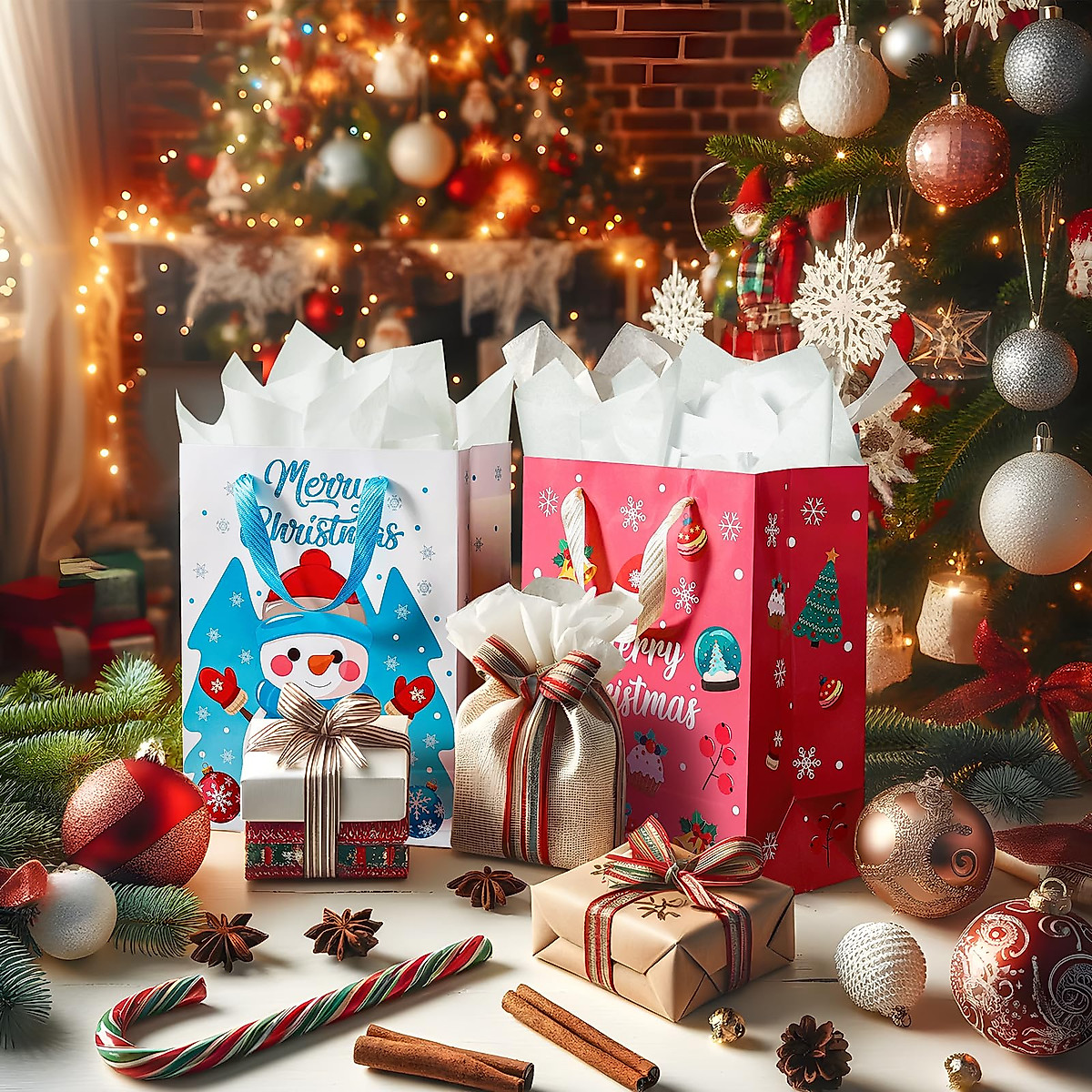 GonLei 4Pack 13" Large Christmas Gift Bags with Tissue Paper,Xmas Gift Bag for Presents,Assorted Christmas Tote Bags Bulk for School Family Holiday Party