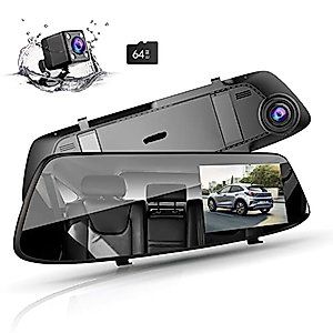 1080P Mirror Dash Cam 4.3in Touch Screen, Front and Dash Waterproof Backup Camera Rear View Camera, Parking Assistance, Loop Recording, G-Sensor, Monitor, Free 64GB Memory Card