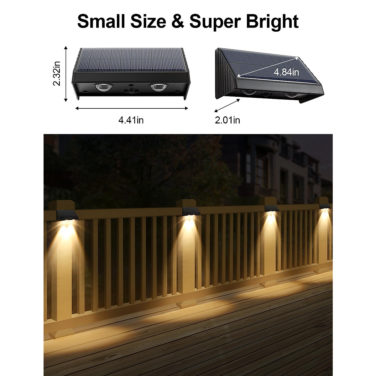 Solar Powered Fence Lights Outdoor Wall Mount LED Decorative Waterproof Yard Lamps for Outside Stair, Rail, Deck, Backyard, House Patio, Pool, Design for Long-Lasting Dusk to Dawn, Warm White 4 Pack