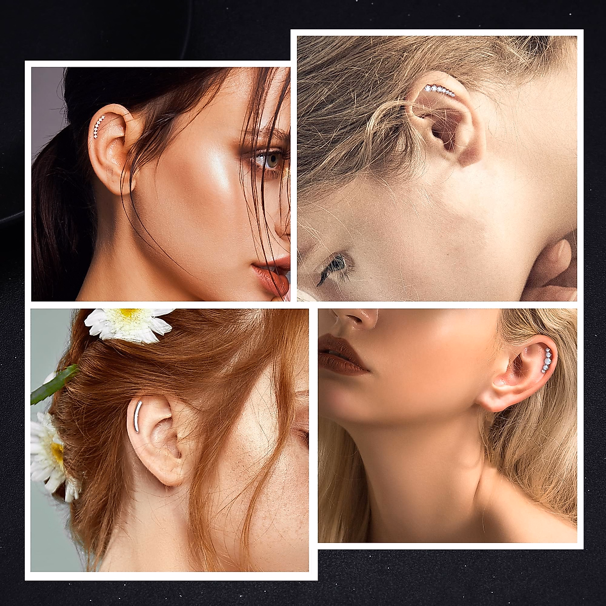 FIBO STEEL 4 Pcs 16G Cartilage Stud Earrings for Women Opal CZ Bar Helix Conch Daith Piercing Jewelry Set Gold-tone