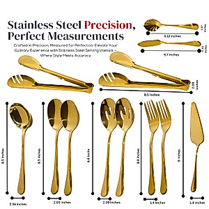 12Pcs Gold Stainless Steel Serving Utensils Set for Parties Buffet, Gold Serving Utensils Set Includes Large Serving, Slotted & Tea Spoon, Soup Ladle, Fork, Tong, Butter Knife & Pie Server