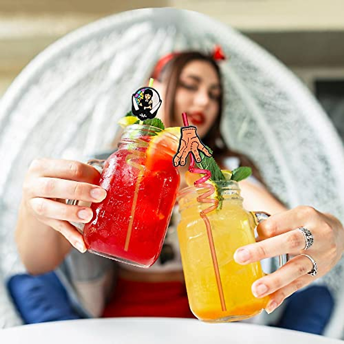 25Pcs Wednesday Birthday Party Decorations Party Favors Reusable Drinking Straws, 10 Designs Cartoon Birthday Party Supplies with 2 Cleaning Brush