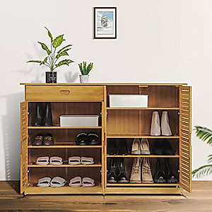MoNiBloom Bamboo Shoe Storage Cabinet with 2 Double Shutter Doors & 1 Drawer for 21-25 Pairs Living Room Entryway Hallway Bedroom, Natural