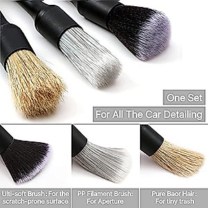 Car Detailing Brush Set Natural Boars Hair Ultra-Soft Cleaning Tool Auto Detail Brushes Kit to Wash Vehicles Interior Exterior Trim Wheel Rim Automotive Engine Dashboard Leather