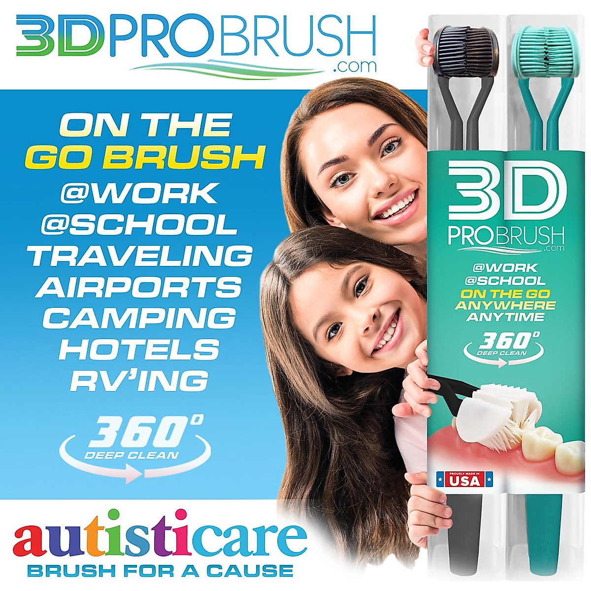 3D Pro Brush | 3-Sided Toothbrush | 3X Clean Two-Pack | 360 Gum Massage Triple Deep Clean Ultra Soft Replacement Heads Tongue Scraper Sustainable Sensory Gift Oral Health Care Travel Three Made in USA
