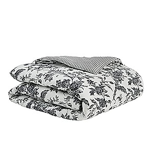 Laura Ashley - Queen Comforter Set, Reversible Cotton Bedding, Includes Matching Shams with Bonus Euro Shams & Throw Pillows (Amberley Black/White, Queen)
