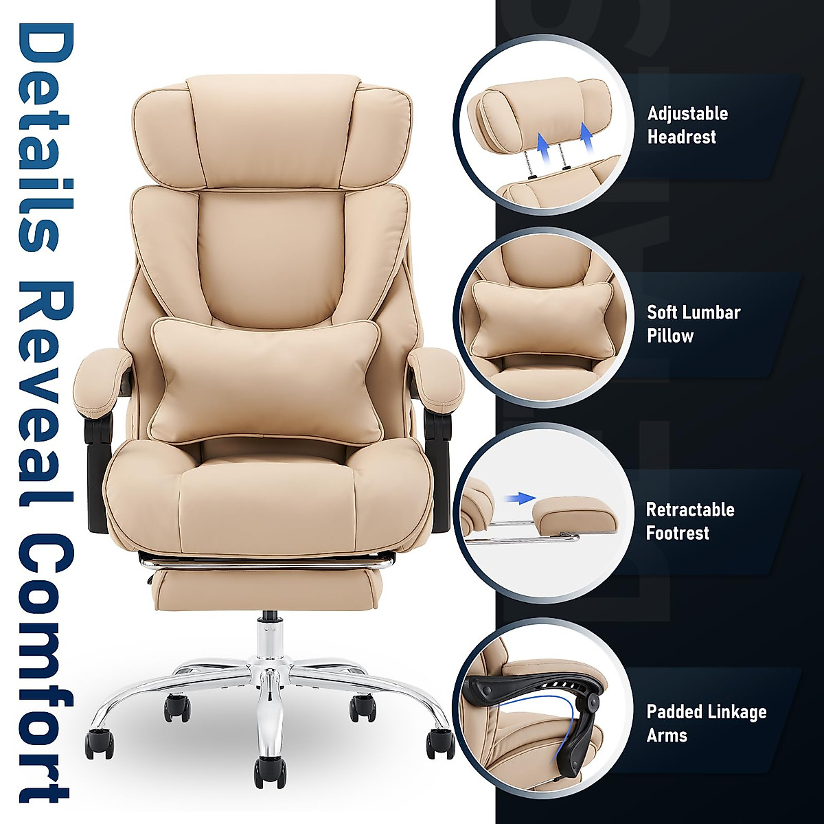 Office Chair with Footrest-Ergonomic Computer Chair with Extra Lumbar Support Pillow, High Back Executive Desk Chair Thick Bonded Leather, Large Home Office Work Chair with Wide Seat for Comfort-Khaki