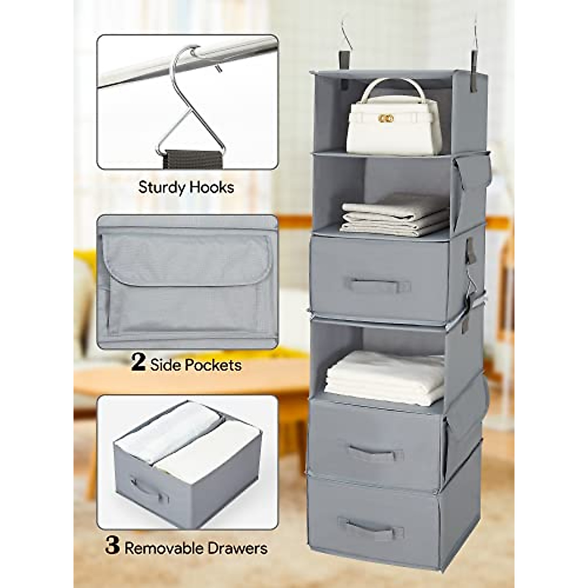 JARLINK 6-Shelf Hanging Closet Organizer, 2 Separable 3-Shelf Hanging Shelves with 3 Drawers, Clothes Organizer and Storage for Bedroom, Wardrobe, Nursery, RV, College Dorm, 12.2'' x 13.6'' x 47.2''