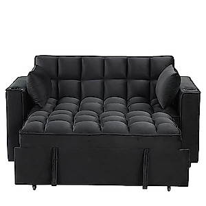 FULife Futon Sofa Loveseat with Cup Holder,USB Port,Side Pocket&Pillows,Adjustable Pull Out Sleeper Sofá Chair Bed,Convertible Upholstered Lounge Chaise Couch Armchair for Living Room, Gray 55.3" w