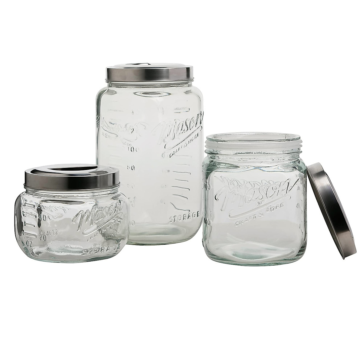 Mason Craft & More Airtight Kitchen Food Storage Clear Glass Pop Up Lid Canister, 3 Piece Pop Up Graduated Canister Set (1.6L, 2.75L, and 4.6L)