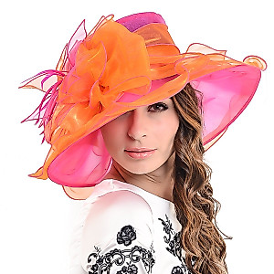 Ladies Kentucky Derby Church Hat Wide Brim Leaf Flower Bridal Dress Hat s037, Rose&orange, Medium