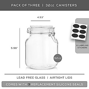 JoyJolt Airtight Glass Jars with Lids Set of 3. 32oz Glass Jar with Lid and 6 Silicone Seals! Med Glass Food Storage Containers. Square Mason Jar, Candy Jar, Sugar Jar, Pasta Containers for Pantry