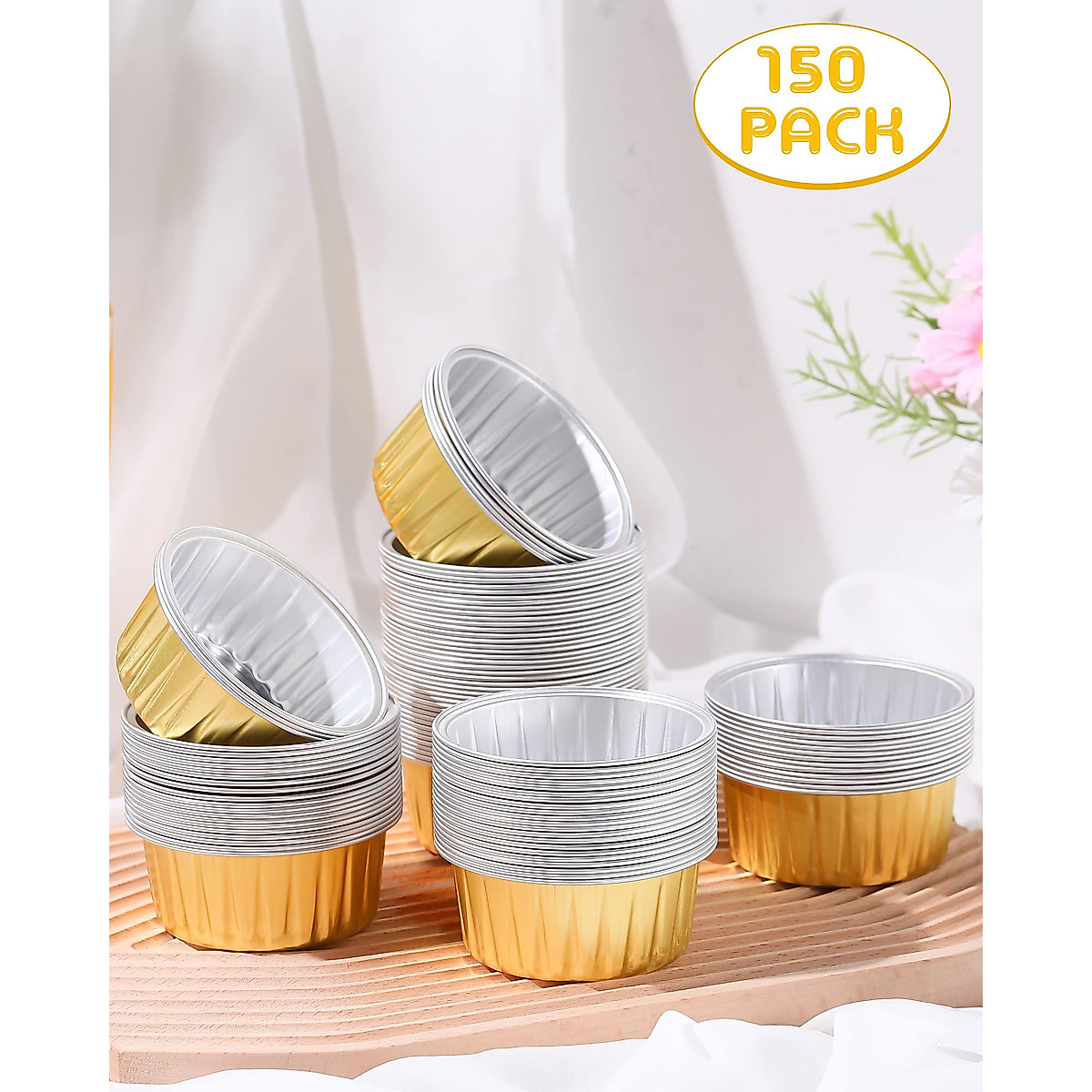 150 Pcs Patelai Aluminum Foil Cups 4.2 oz Mini Baking Cups Gold Cupcake Liners Disposable Ramekins Foil Muffin Pans for Pie Souffle Pudding Holder Wedding Birthday Party (Round)
