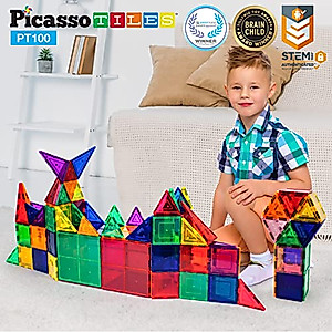 PicassoTiles 100 Piece Set 100pcs Magnet Building Tiles Clear Magnetic 3D Building Blocks Construction Playboards, Creativity Beyond Imagination, Inspirational, Recreational, Educational Conventional