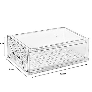 GuoTcusy Fridge Organizer Bins, Pantry Organization and Storage, Plastic Stackable Drawer Container with Removable Drain Tray for Kitchen, Refrigerator and Cabinets (2 PACK, 12.6"L x 8.1"W x 4.3"H)