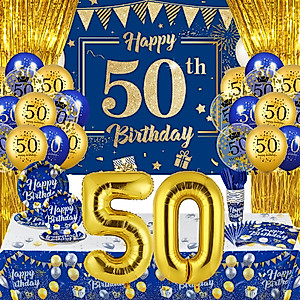 105Pcs Blue Gold 50th Birthday Decorations for Men Includes Navy Blue Happy 50th Birthday Banner 50th Birthday Balloons Gold Foil Fringe Curtains Tableware Set for 50th Birthday Party Supplies
