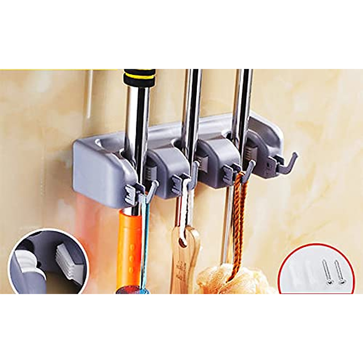 KK5 Broom Holder Rack & Garden Tool Organizer Rake or Mop Handles, Wall Mounted Commercial Organizer Saving Space Storage Rack for Kitchen Garden and Garage