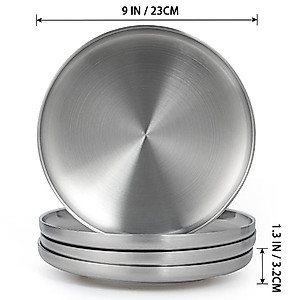 Sanbege 304 Stainless Steel Dinner Plates, 9" Double Layered Serving Plates, Brushed Metal Dishes for Camping, BBQ, Steak, Salad, Snack, Pack of 4