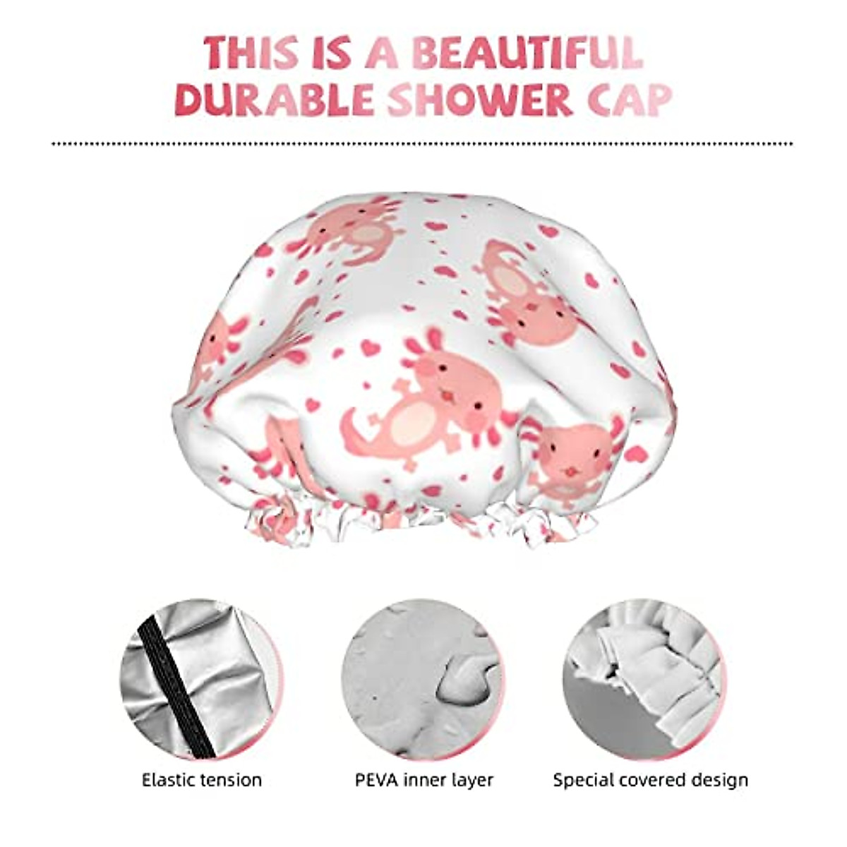 Shower Cap Axolotl Reusable Bath Shower Caps For Women Long Hair, Double Layer Waterproof Bathing Shower Hat Hair Protector For Kids Girls Women, 1 Pack